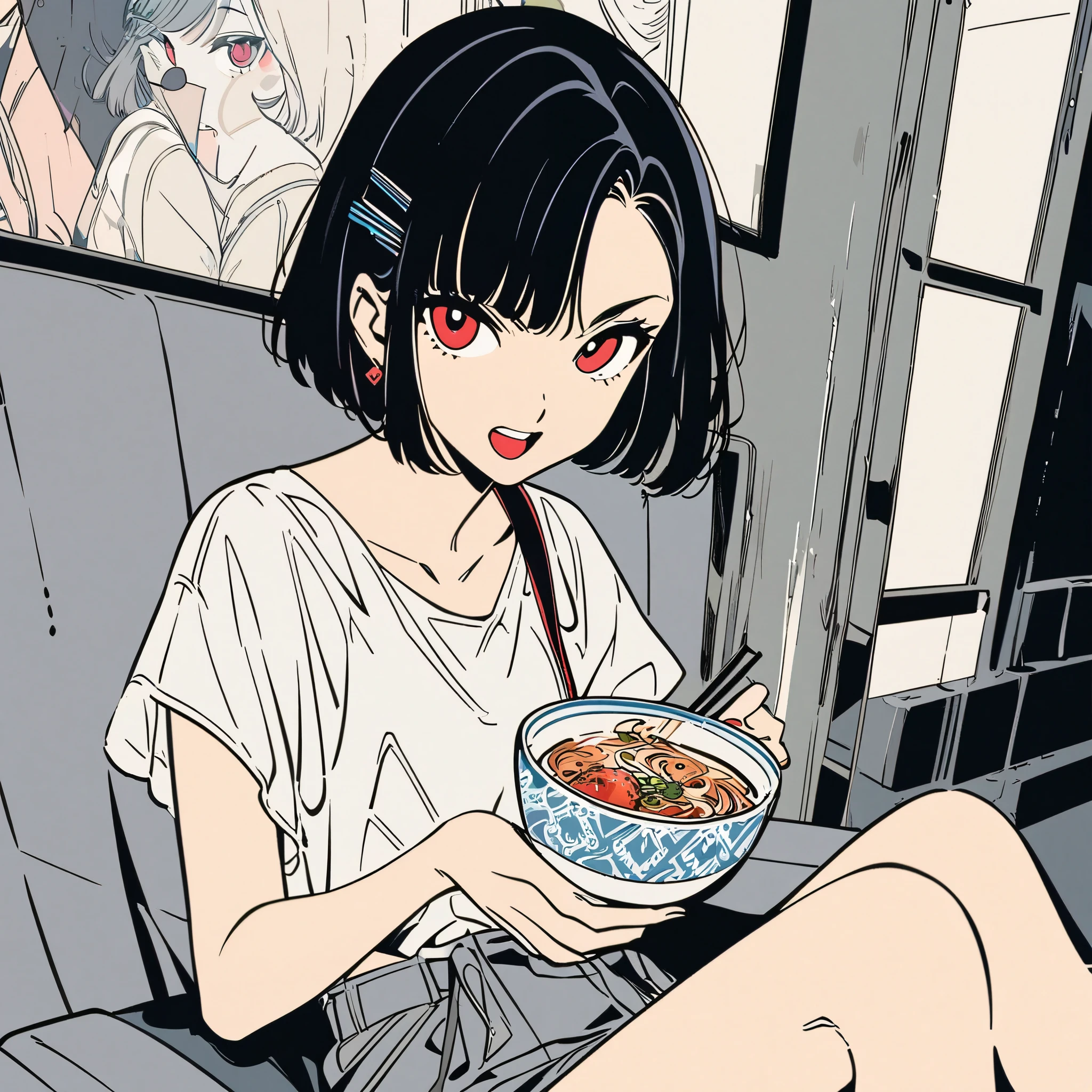 Anime girl eating a bowl of noodles on a train - SeaArt AI