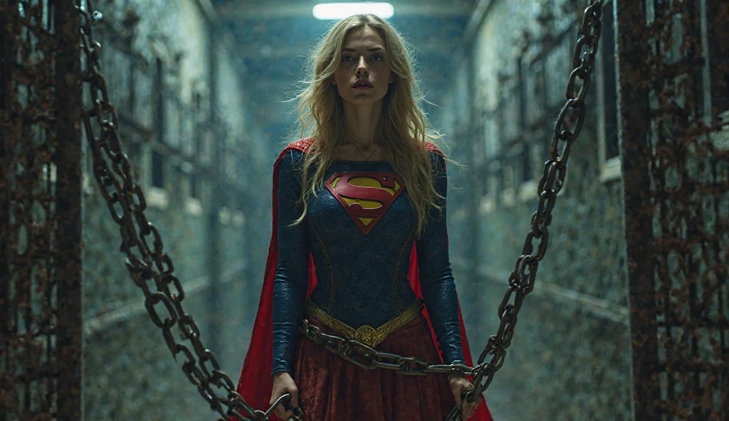 Supergirl stuck in mysterious prison shell. her all hand and leg tied ...