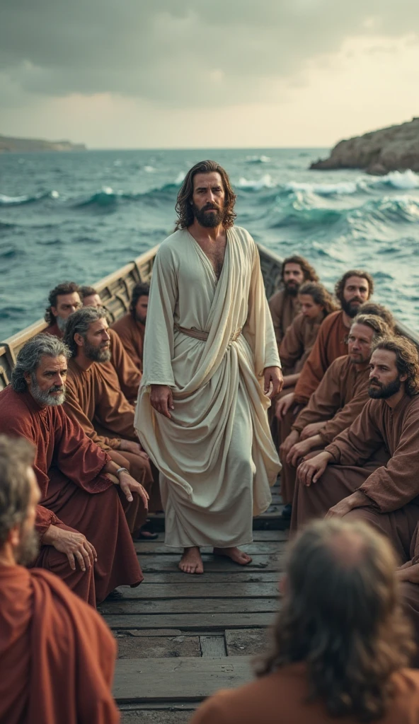 Jesus and his apostles sailing the Sea of Galilee in a simple boat ...