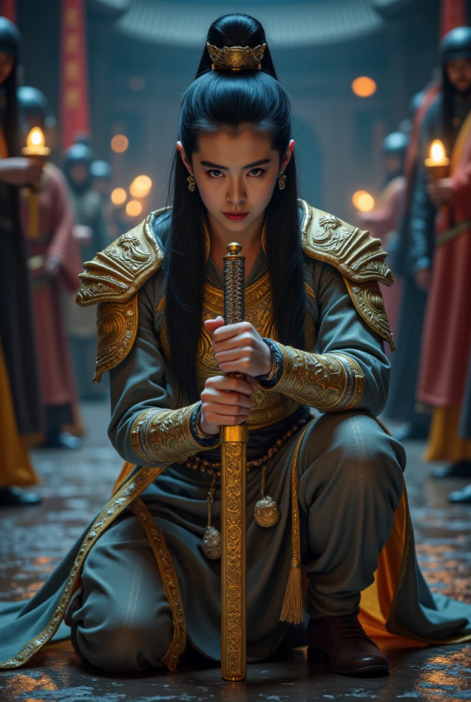 Close up, A battle scene in which a sexy female wuxia lands in heavy ...