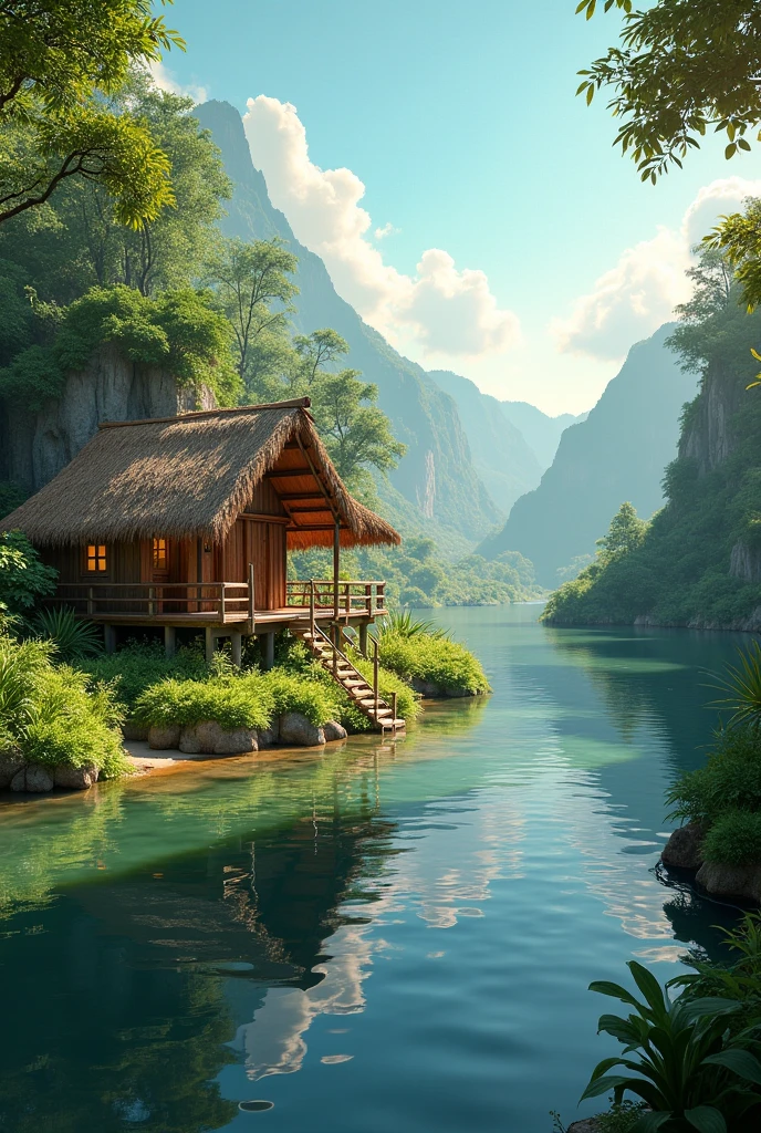 Make a stage design using tge river and make a bahay kubo to the left ...