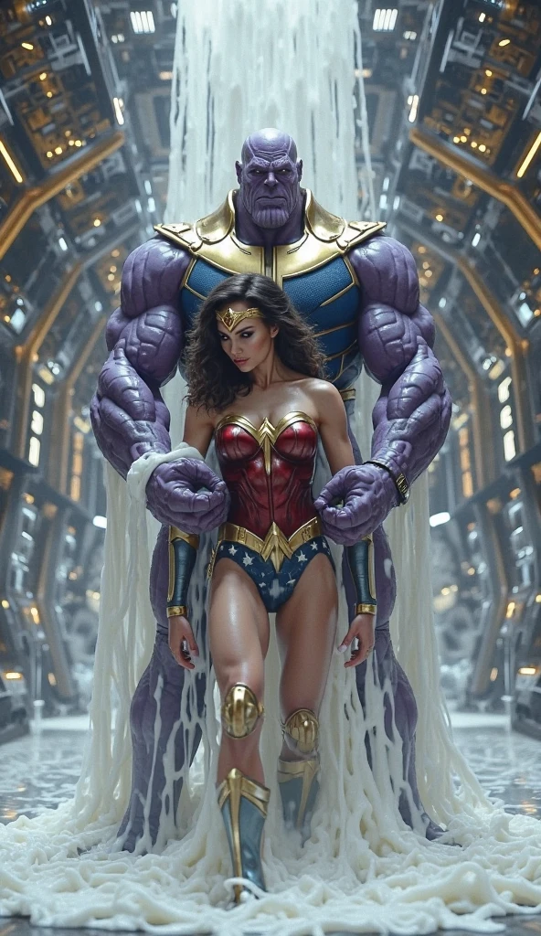 Thanos holding wonder woman from back, white milk flows on her forehead to brea - SeaArt AI