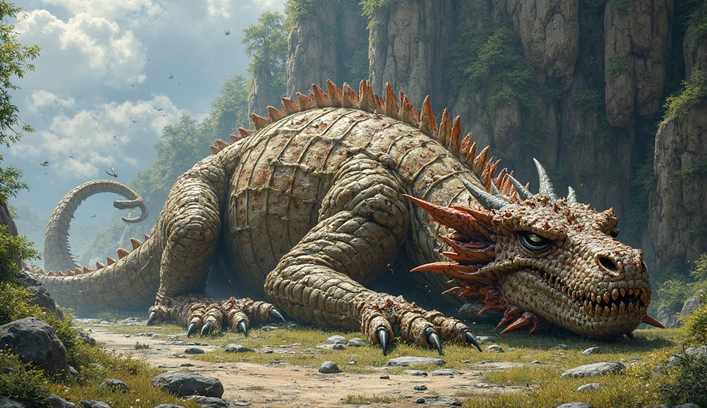 A huge dragon wounded from many battles with scars lies down and rests ...
