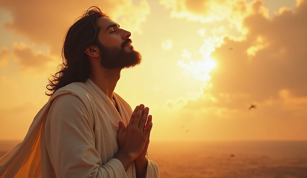 Jesus praying in a sky illuminated by a golden light - the wind blows ...