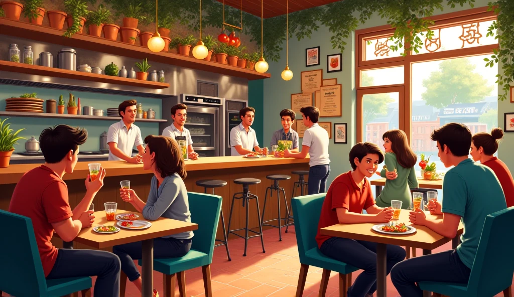 A small but crowded eatery with happy customers enjoying their food ...