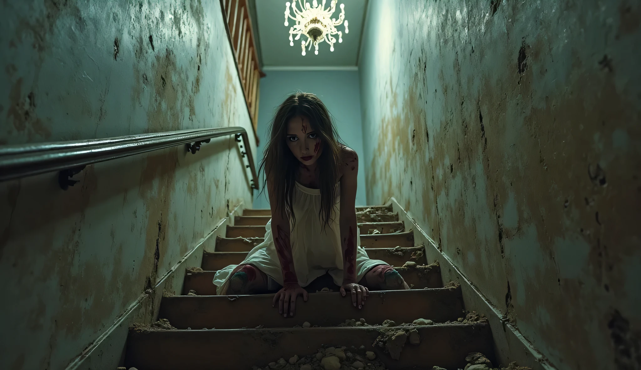 Arafed woman sitting on the stairs of a run down building - SeaArt AI