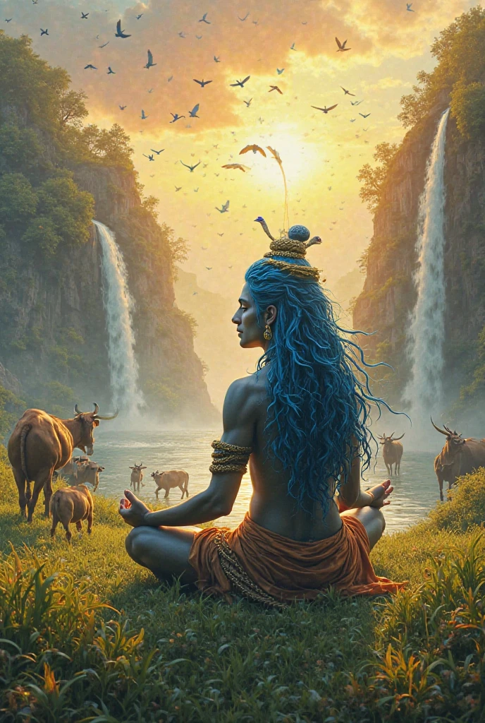 In a tranquil and verdant field, illuminated by the warm, golden hues ...