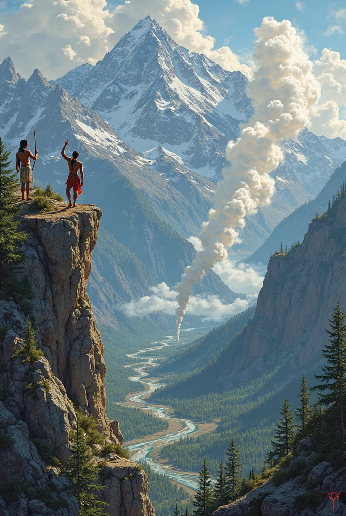 Representation of communication through smoke signals between mountains ...