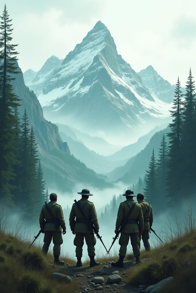 Soldiers cursed against the background of mountains and forests but ...