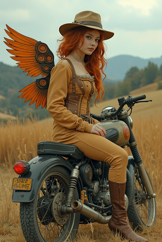 "A young woman with fiery red English curls sits elegantly on a vintage ...