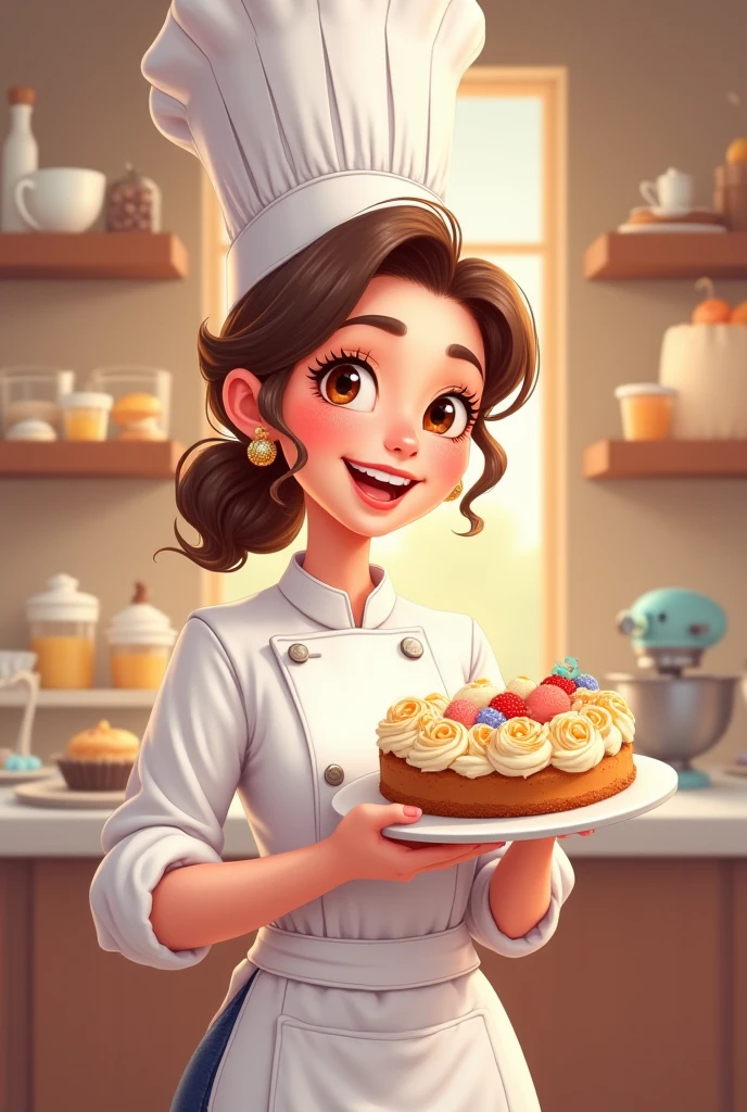 Animated image of a pastry chef with a cake in her hand - SeaArt AI