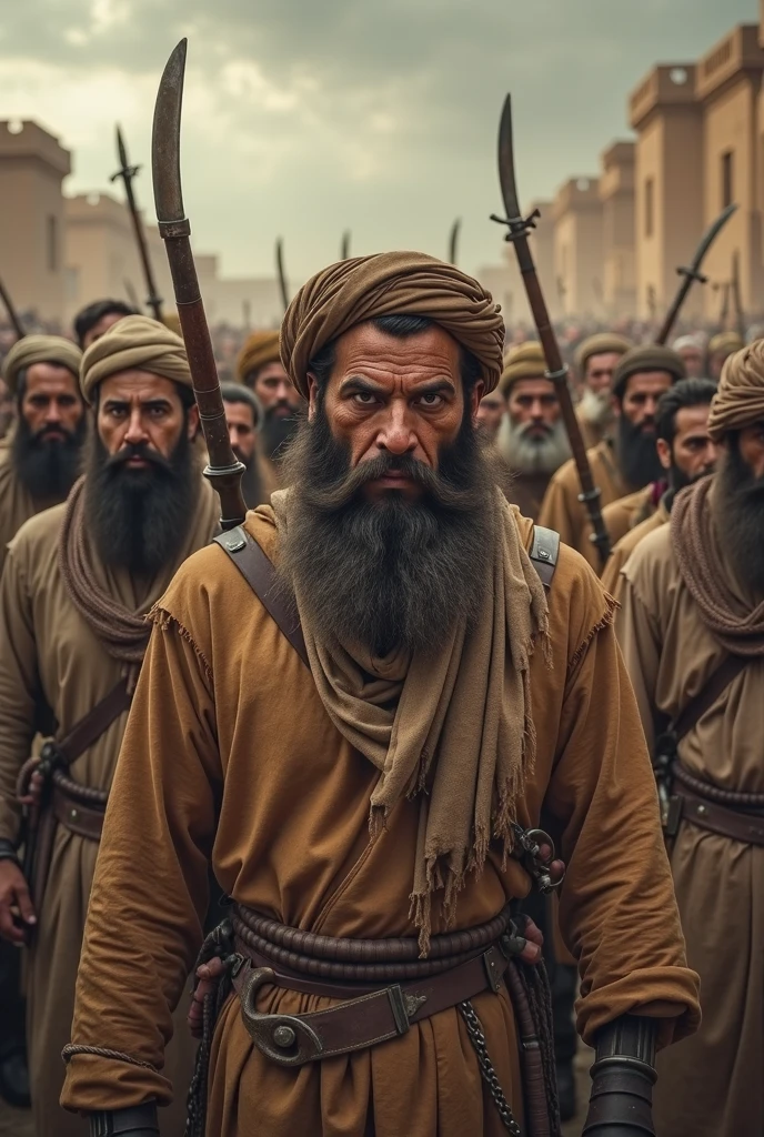 A large crowd of fierce-looking men from ancient times, resembling ...