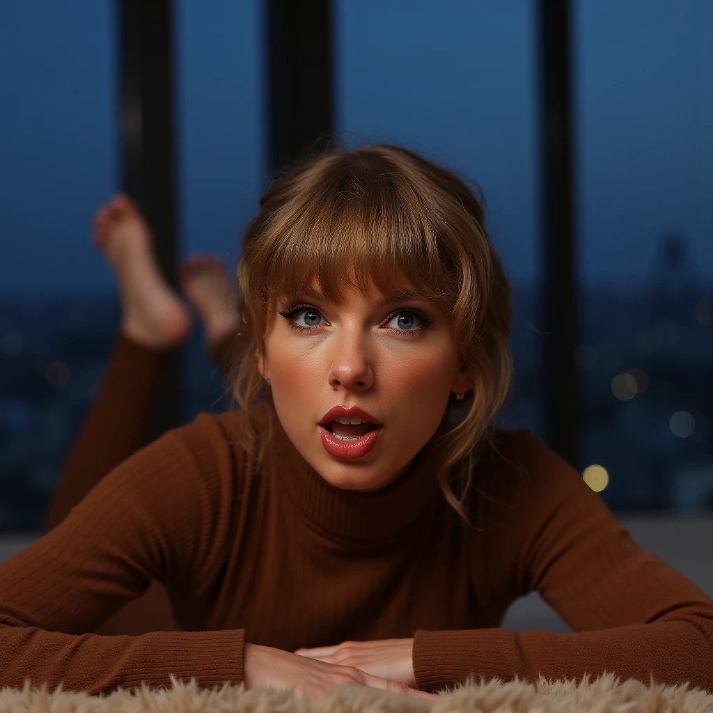 Taylor swift is lying on her belly, raises her legs and her feets ...
