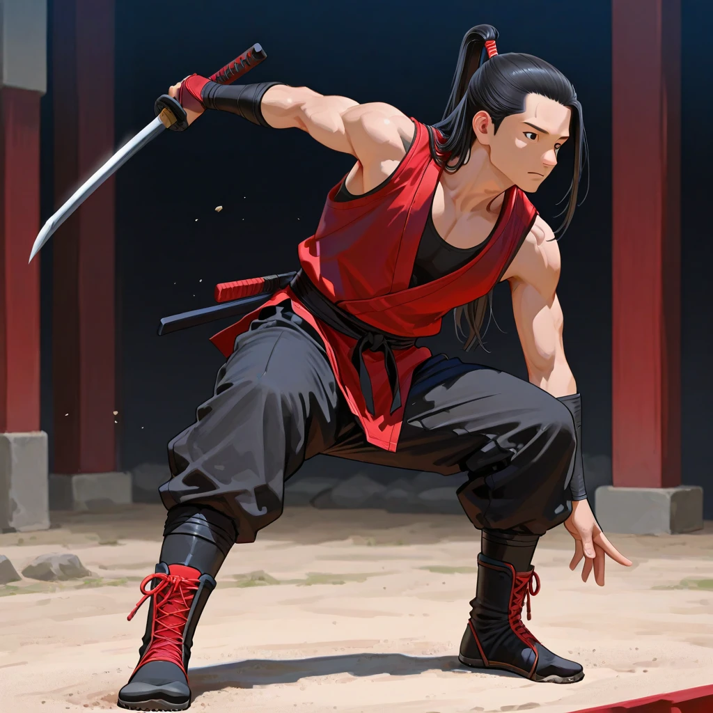 A male ninja, with the hair above the short ear,in red ninja clothing ...