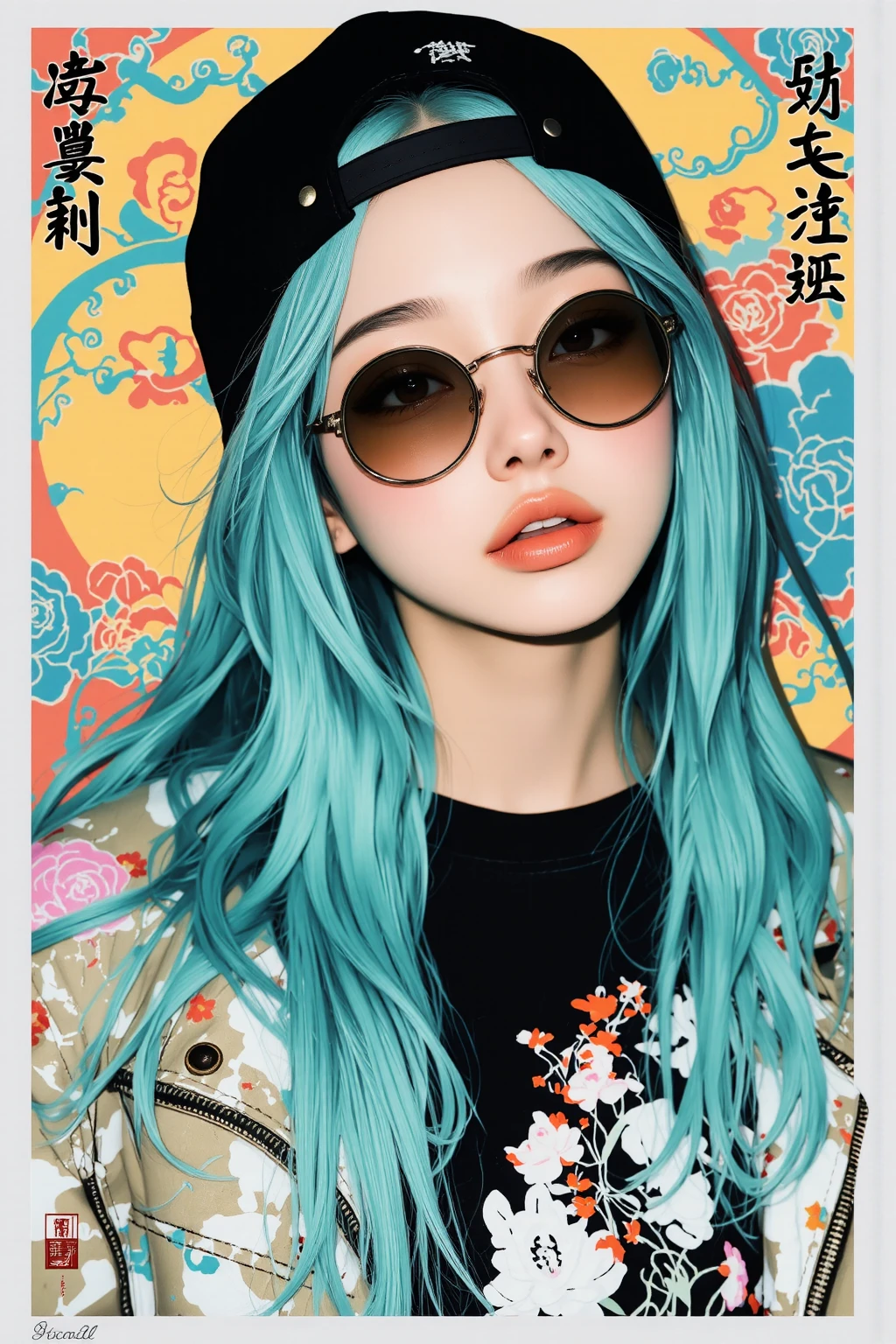 若い女性が大胆さを放つ韓国のウェブトゥーンスタイルのポスター , アバンギャルドの振動 . 彼女の真っ直ぐな髪, 青緑とピンクの色合いの印象的 ...