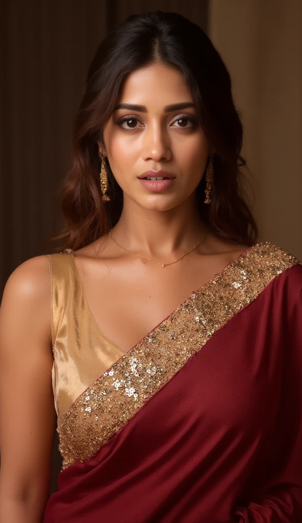 Generate a close up front image of a woman in a maroon translucent ...