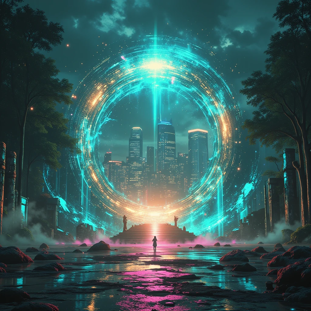 Ultra-detailed glowing portal, dynamic cyan and gold energy vortex ...