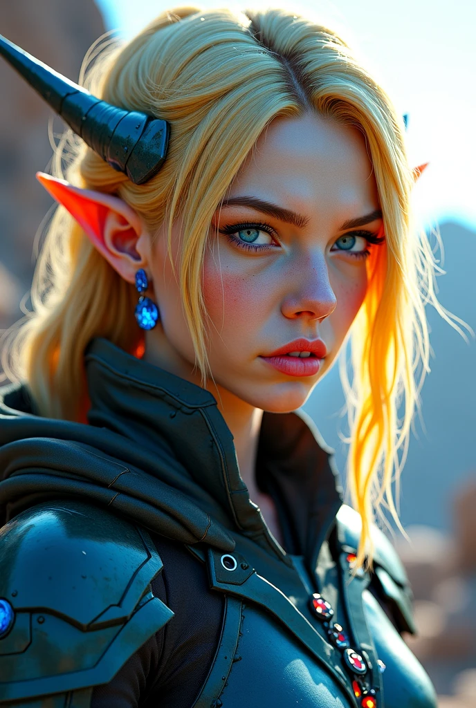 Sci-fi female elf protagonist with horns and sapphire eyes, with blonde ...