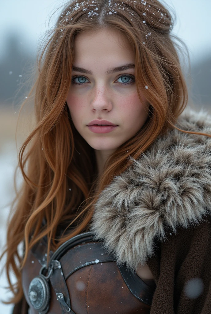 2 Viking warrior girls,1 brunette and 1 red hair,fur coat,snowing ...