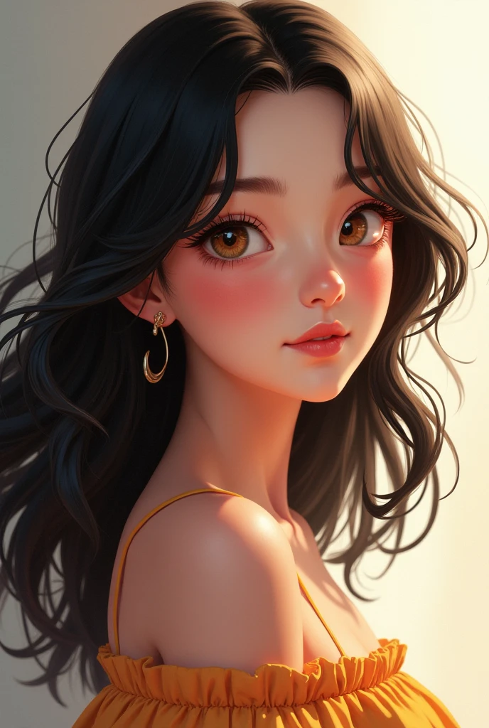 A lively girl with long black wavy hair with hazel eyes and medium ...
