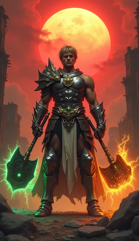 “Create a highly detailed fantasy warrior standing in the ruins of a ...