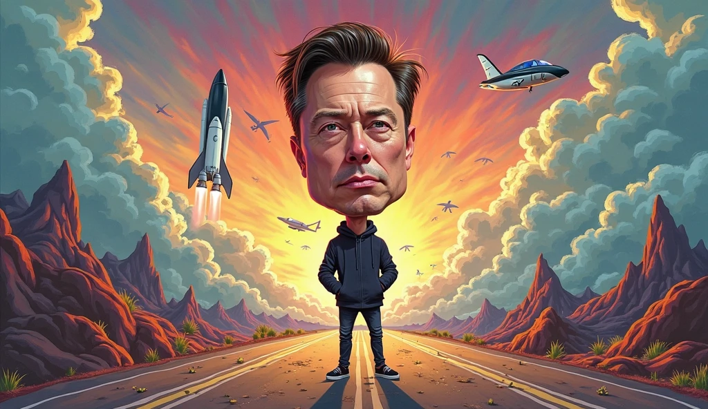 A striking caricature of Elon Musk standing at a crossroads, with two ...
