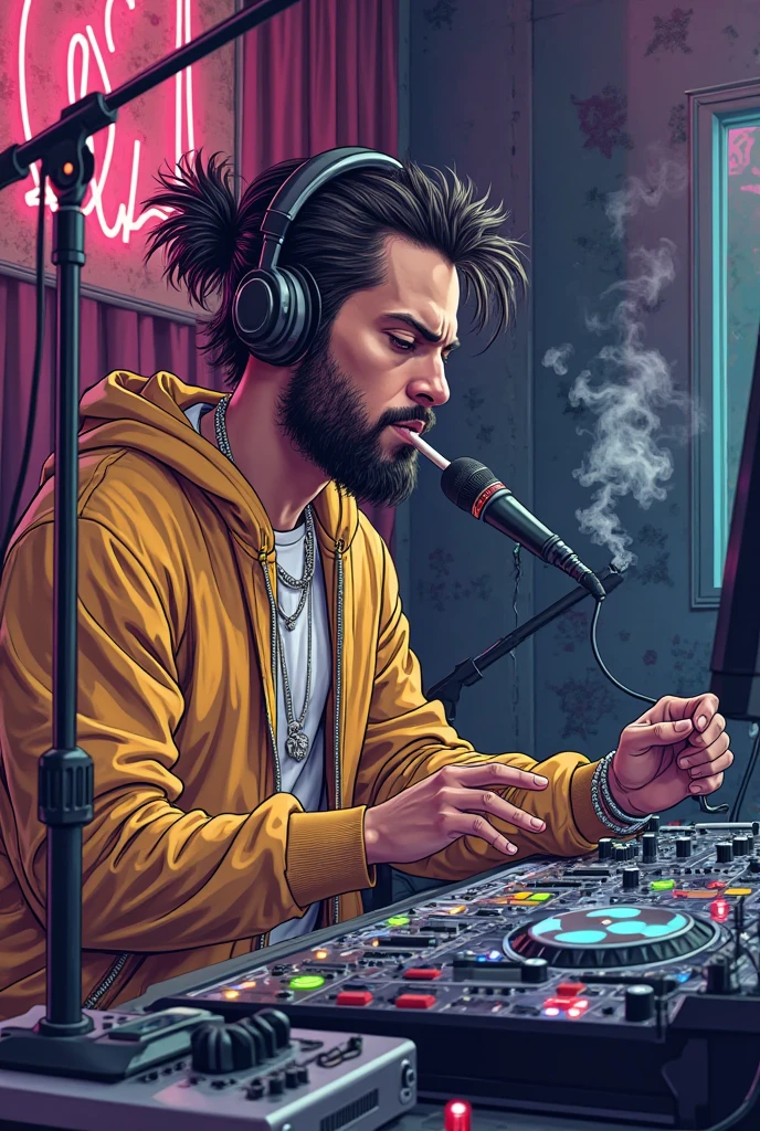 Draw a picture of a rapper in his recording studio smoking and doing it ...