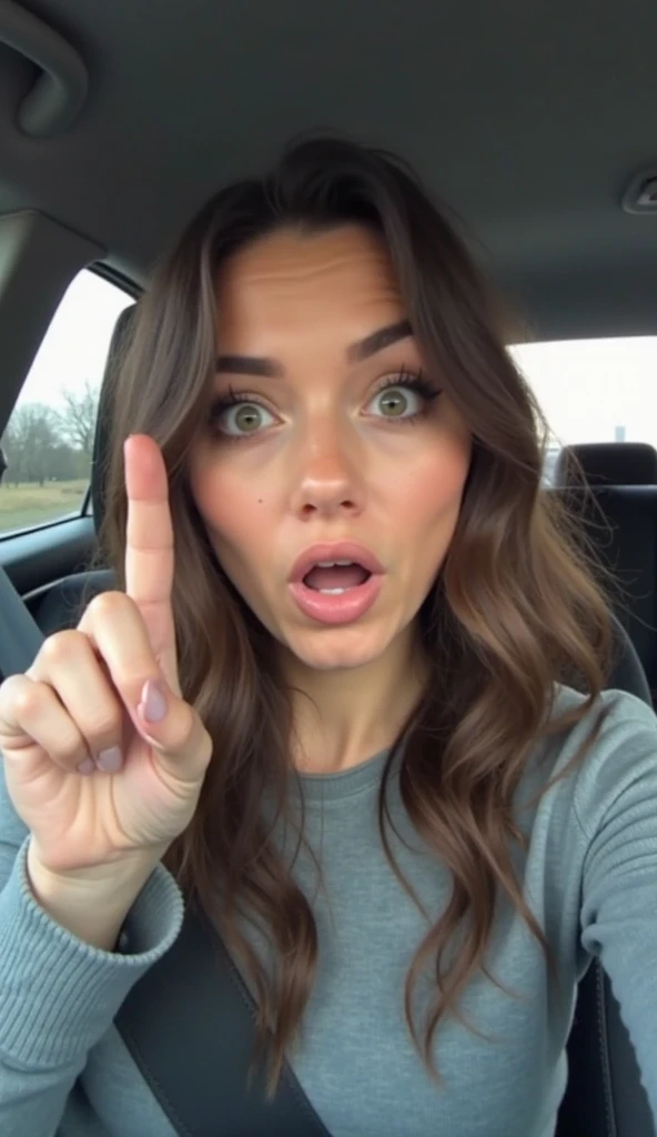 A woman in a parked car, in a static UGC selfie, looking directly at ...