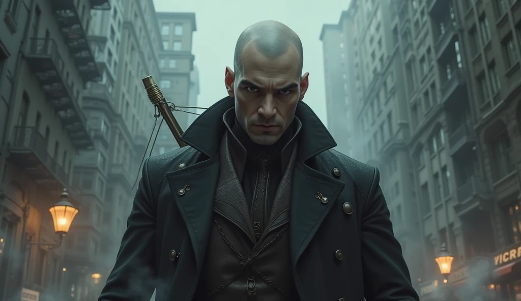 Create an image of a bald man as the main protagonist in a steampunk ...