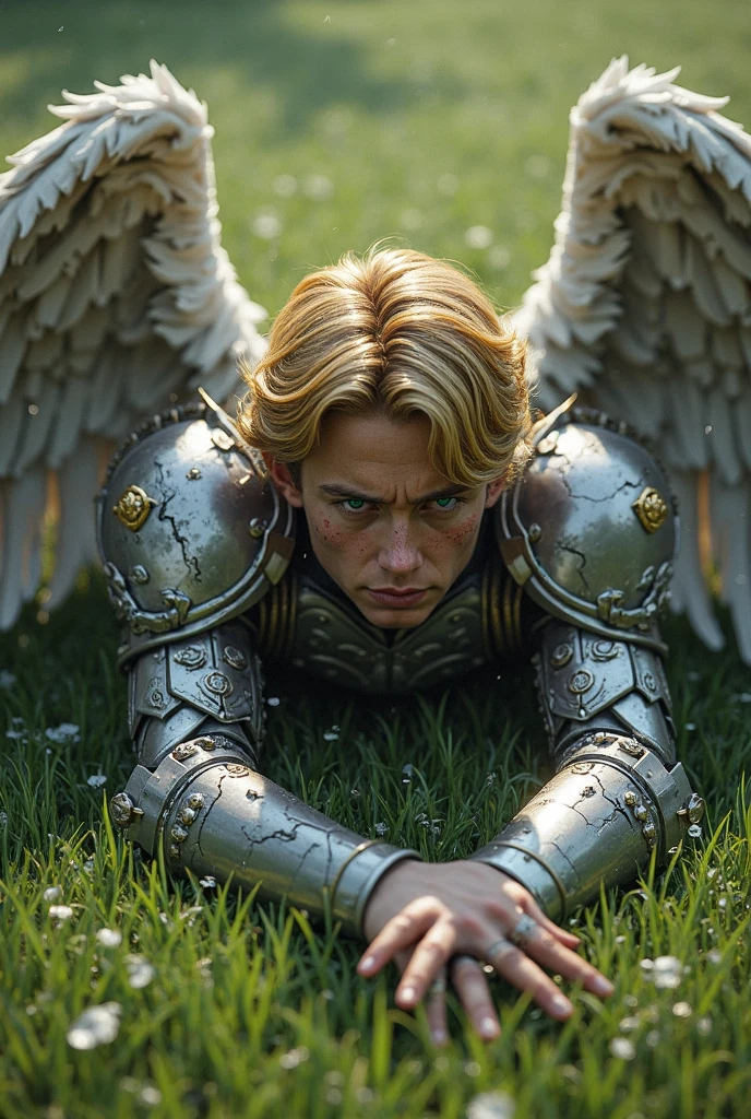 A wounded and crying angel on the ground with his broken wings - SeaArt AI