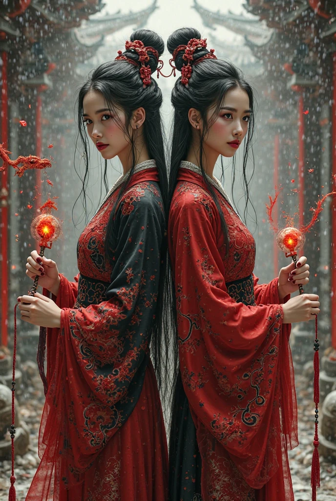 Twin goddesses standing back to back, identical faces with contrasting expressio - SeaArt AI