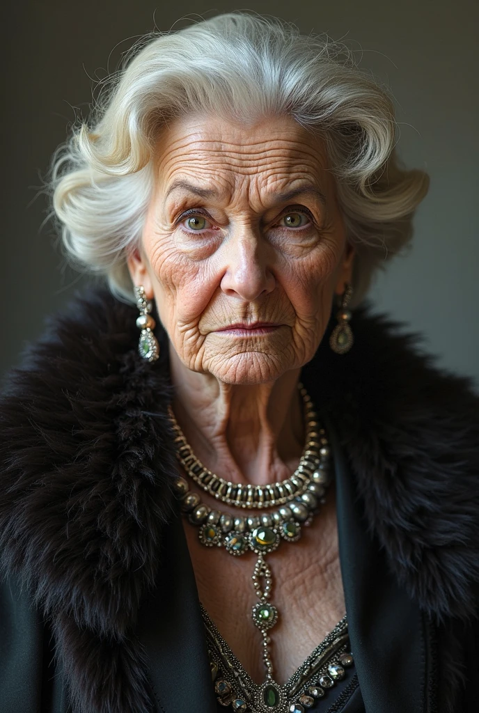 Creates a hyperrealistic image of a 75-year-old lady with millionaire ...