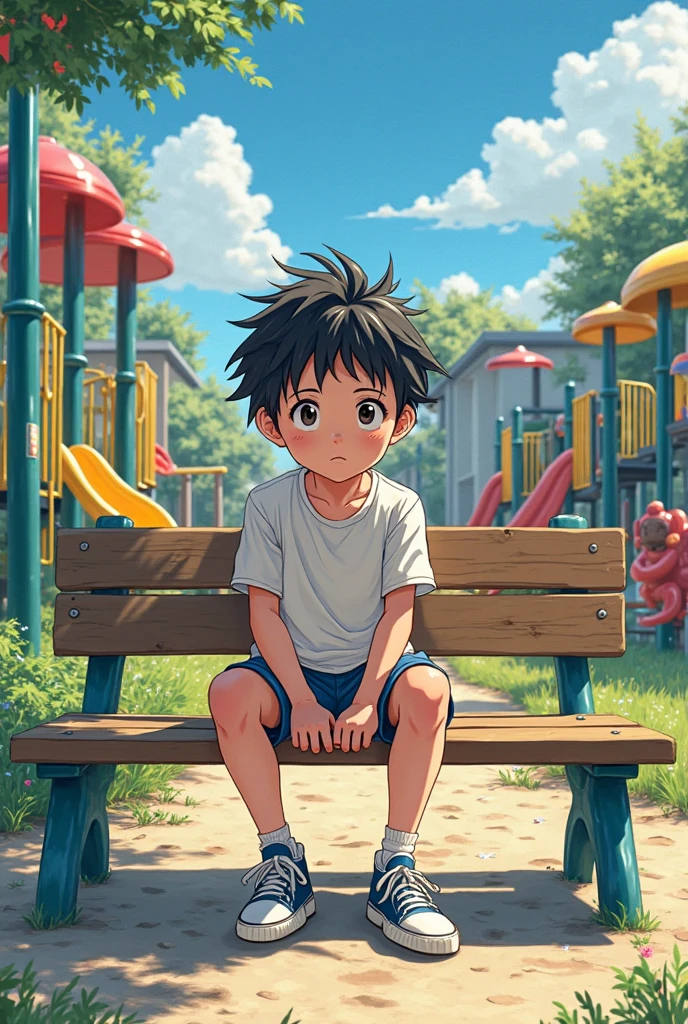 Make me a manga boy who is sitting on a bench in a playground - SeaArt AI