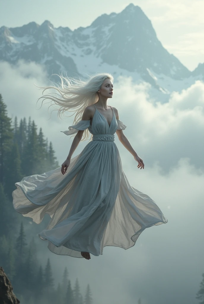 Generate me a wind queen girl, she is wearing a grey dress, is floating ...