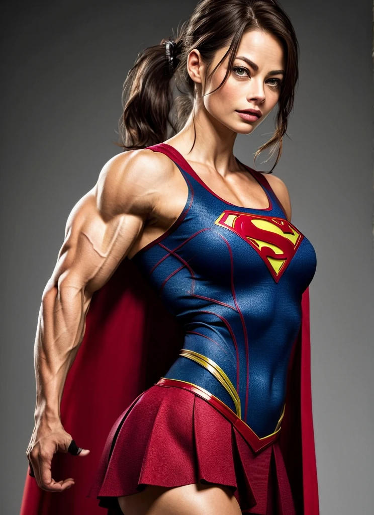 Kristin Kreuk with ponytail and green eyes as Supergirl, (texture de la peau - SeaArt AI