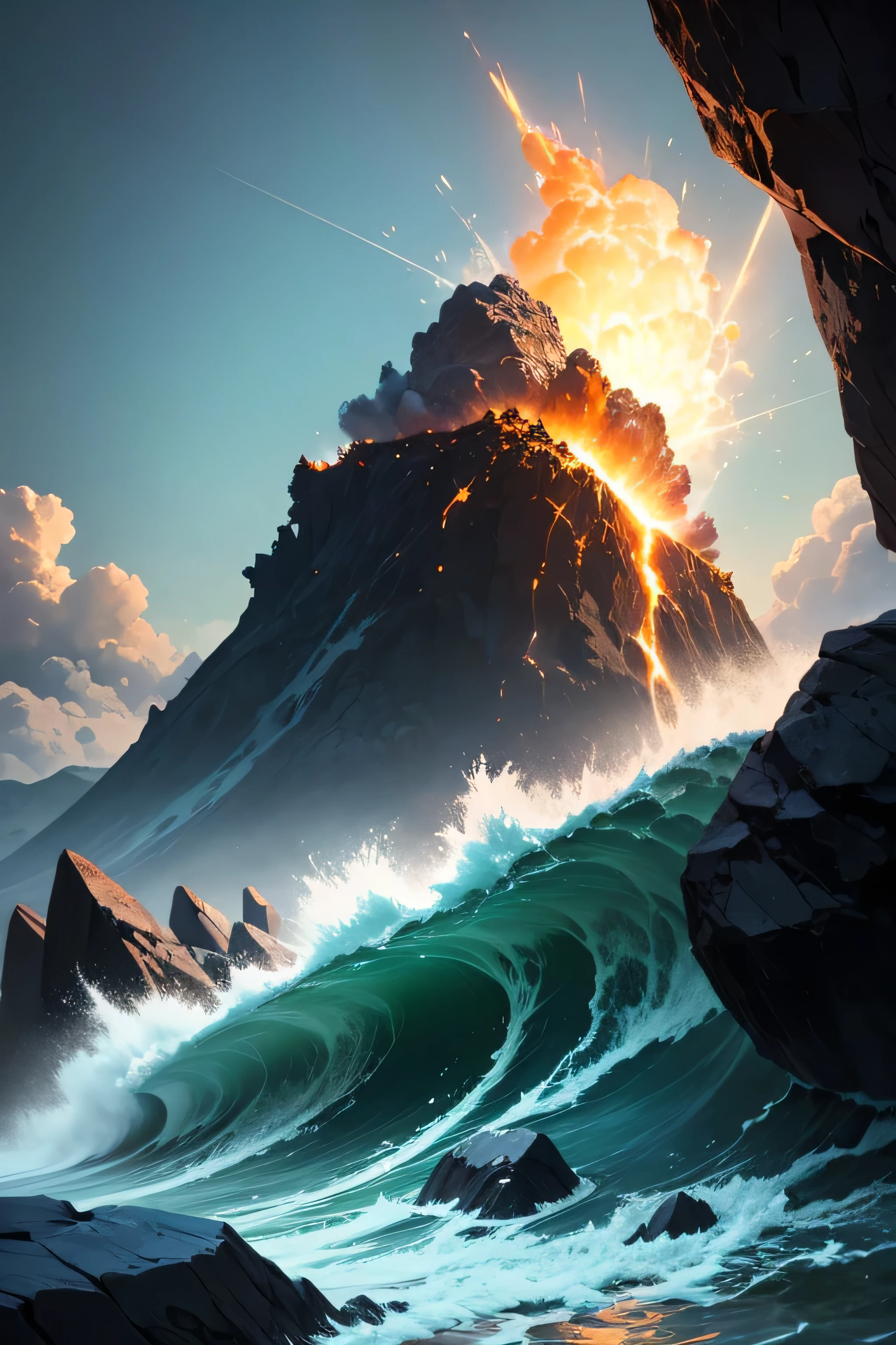 There is a large wave coming up from the ocean with a mountain in the ...