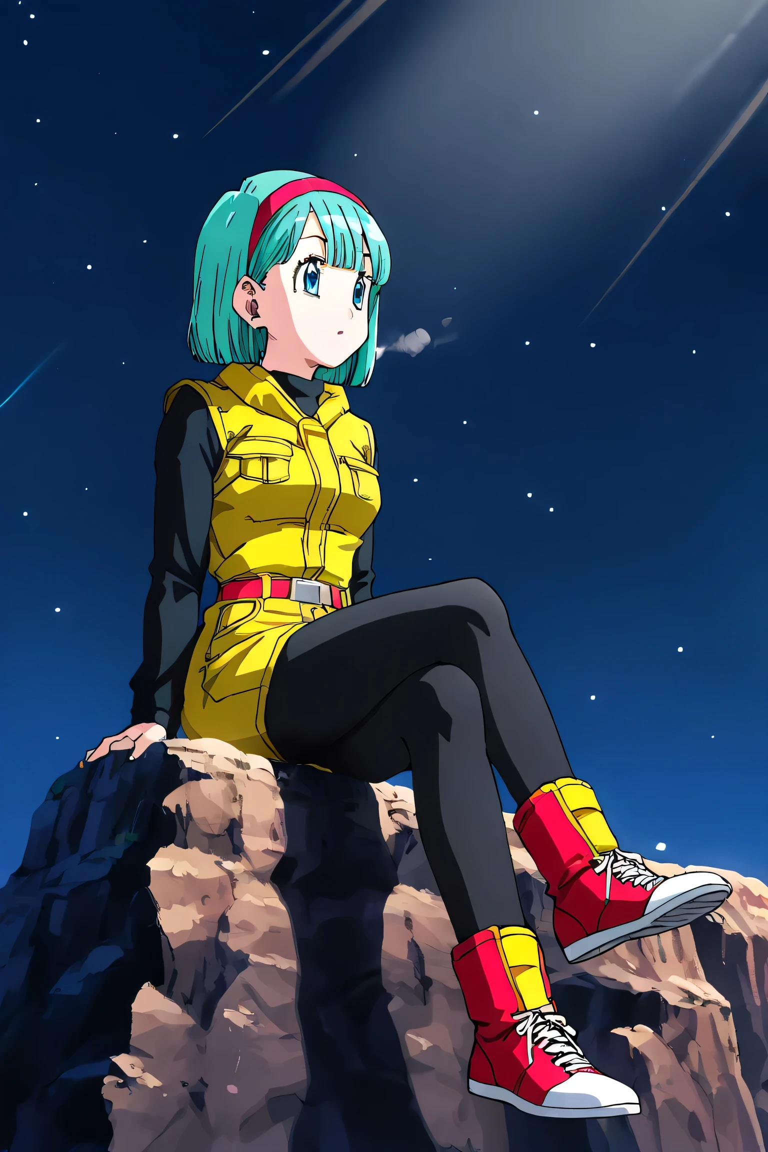 Anime girl sitting on a rock with a star in the background（bulma ...