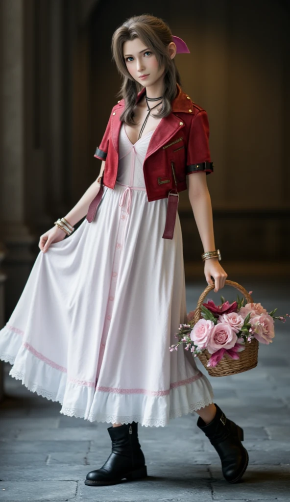 Arafe wearing a white dress and holding a basket of flowers, Aeris ...