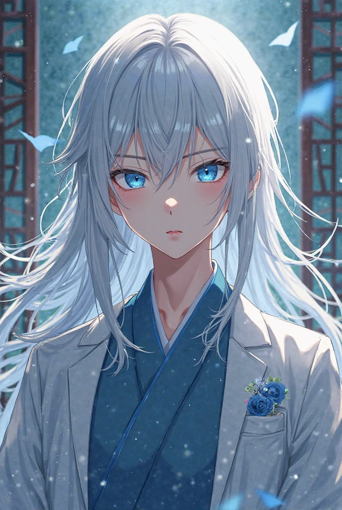 Adult boy anime character, with white hair, long hair, straight hair ...
