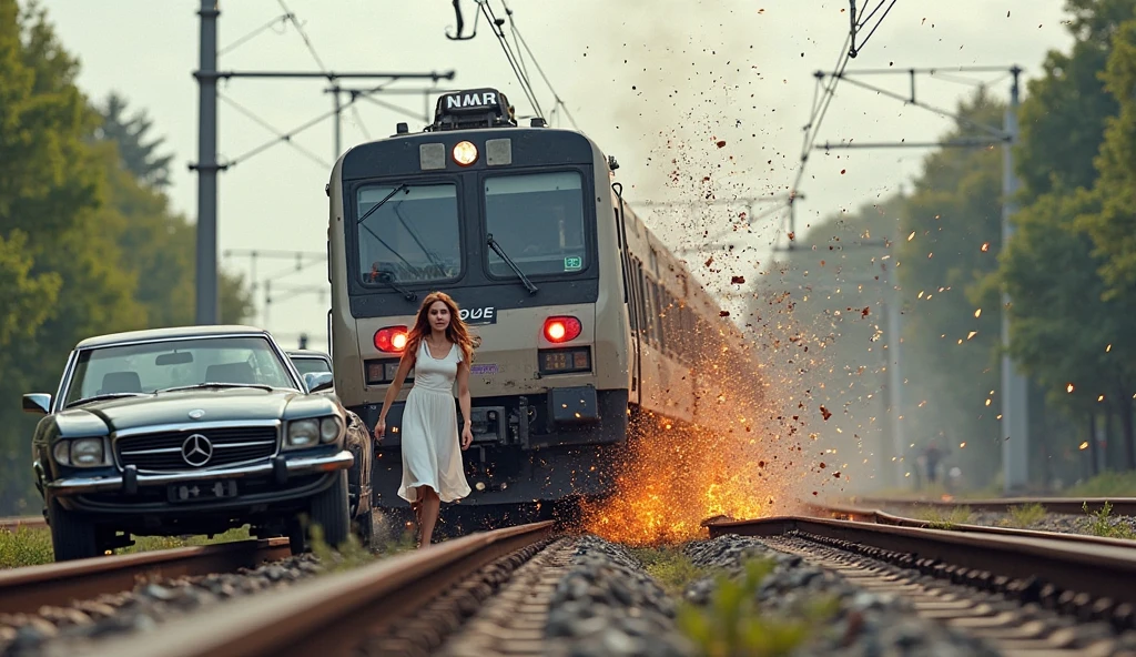 A high-speed train tilts sharply to the right, seemingly derailed by a ...