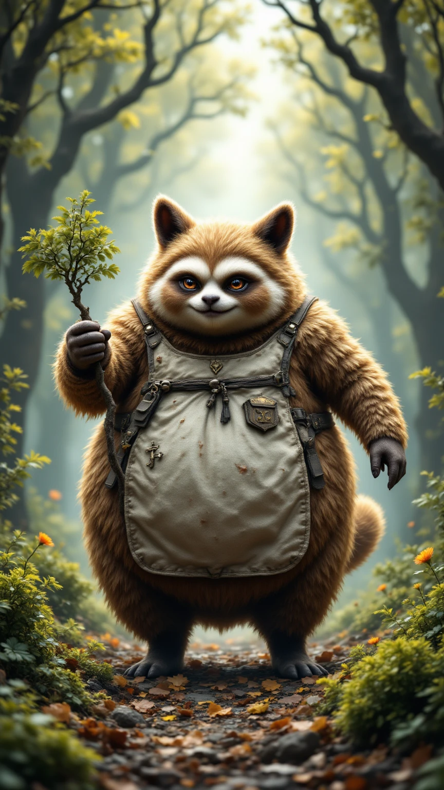 A giant tanuki cat， cute围裙，Hand holding a tree branch， cute， - SeaArt AI