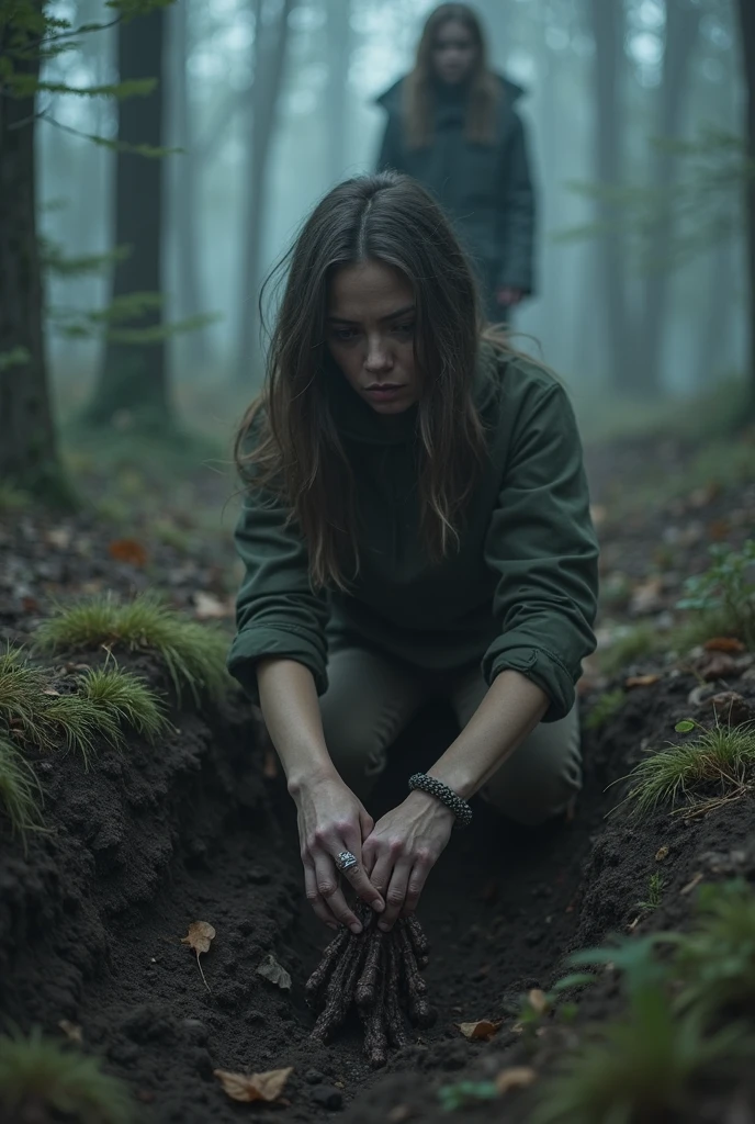 A young woman kneeling in a dark forest, desperately digging a shallow ...