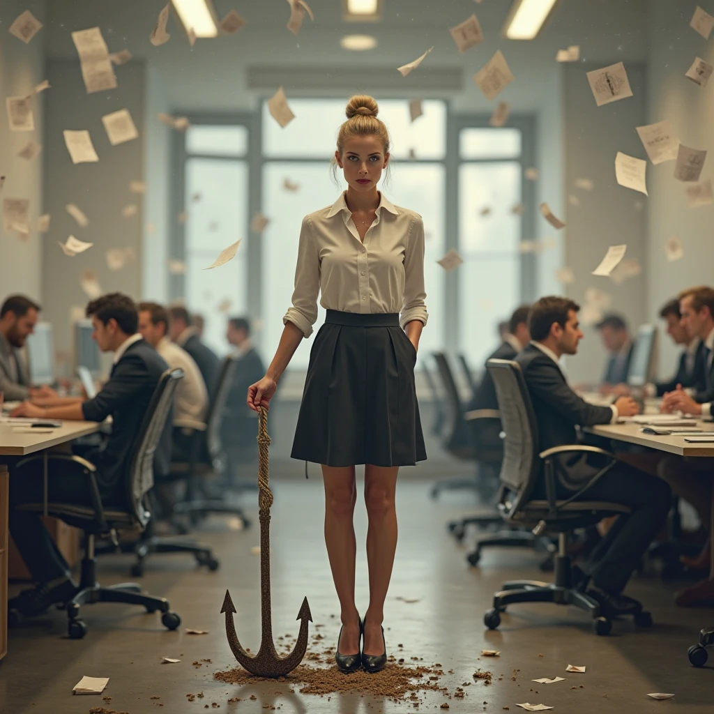 Blonde secretary in a bun tied up standing on the desk table wearing ...