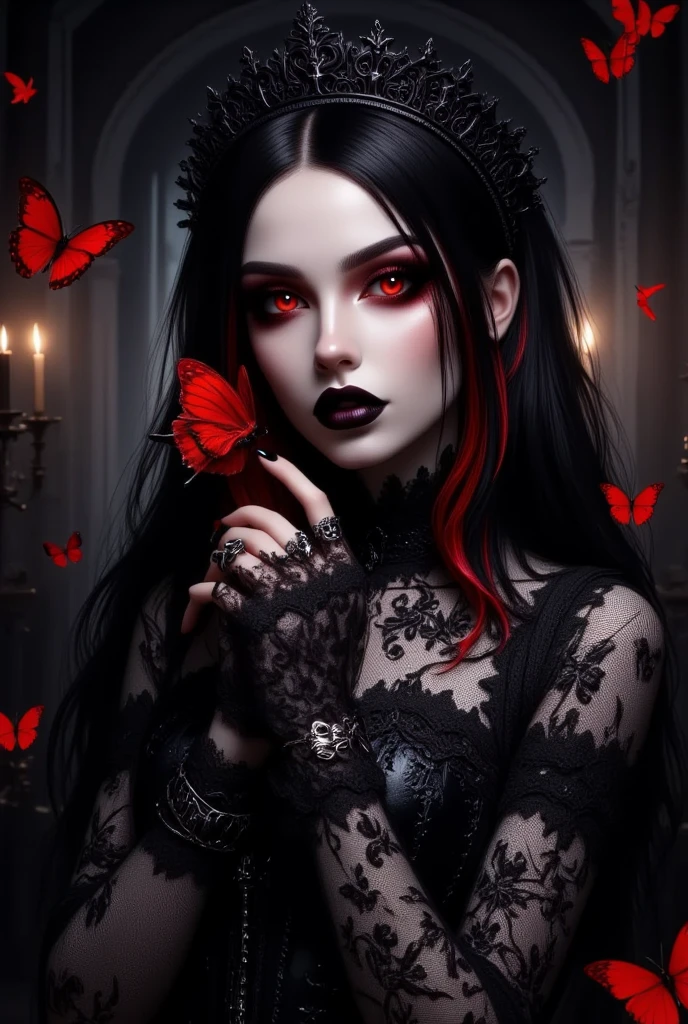 Create a gothic-themed portrait featuring a woman with a lace veil ...
