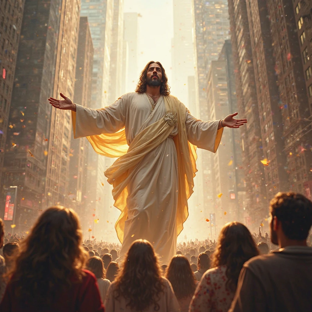 Jesus Christ liberating in the middle of a city - SeaArt AI