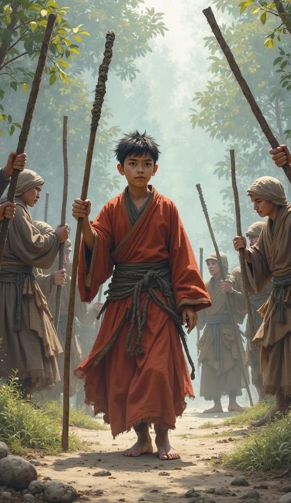 A young monk is defending himself with a rod to stop six rods - SeaArt AI