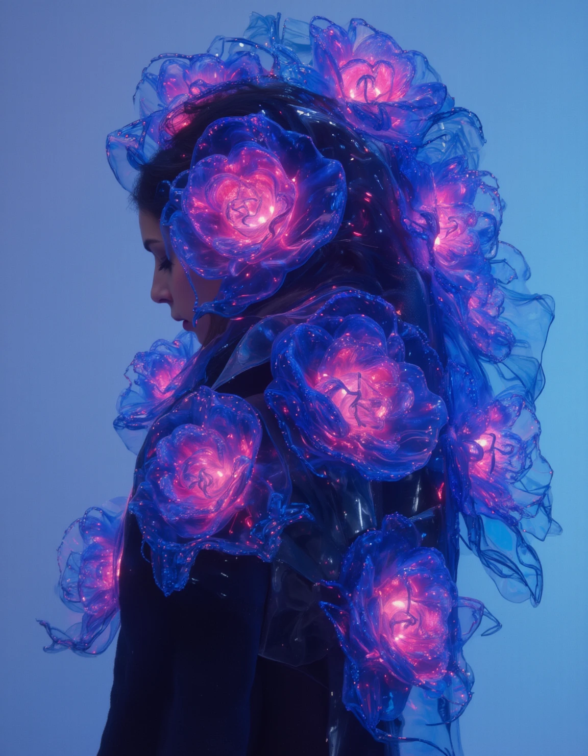 Yves Klein blue void scarf, laser-cut acrylic roses revealing fluorescent pink u - SeaArt AI