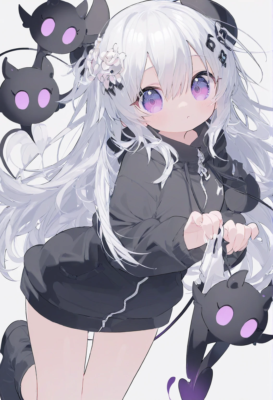 Cool woman、Woman with silver hair and purple eyes、Devil Horns - SeaArt AI