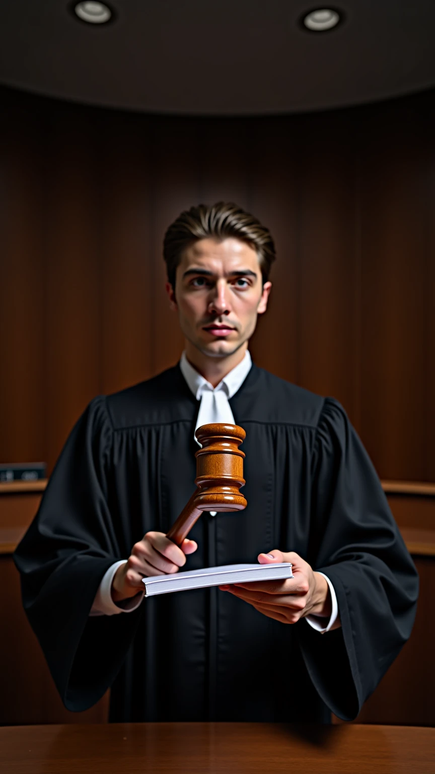 A dramatic extreme close-up of a judge's gavel suspended mid - SeaArt AI