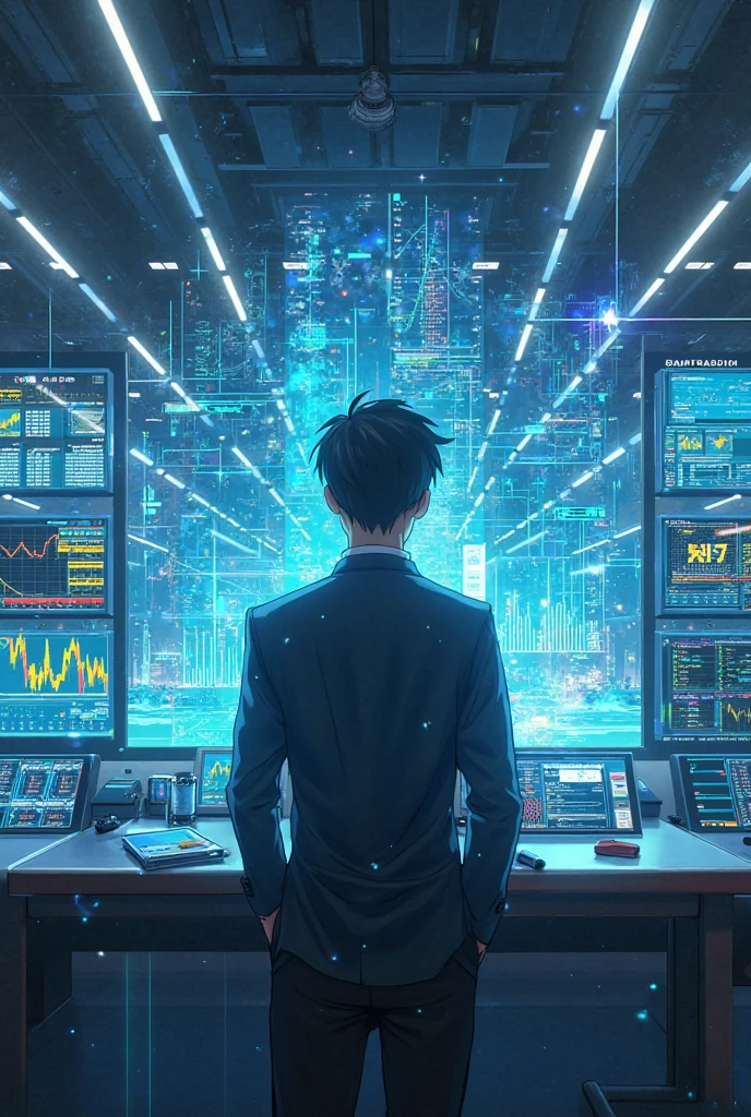 Create a cool trader image with a graphic and anime-style screen ...